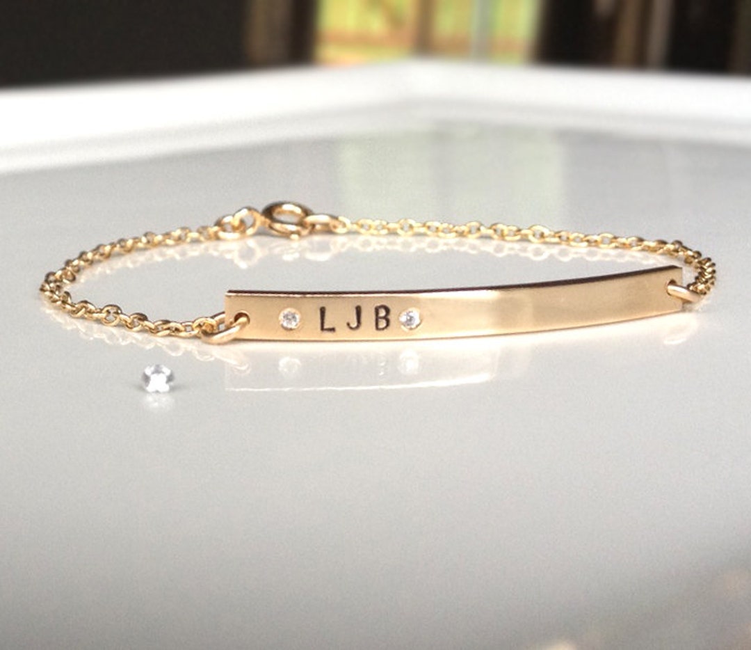 Personalized Gold Bar Bracelet: Custom Initial ID Bracelet With CZ ...