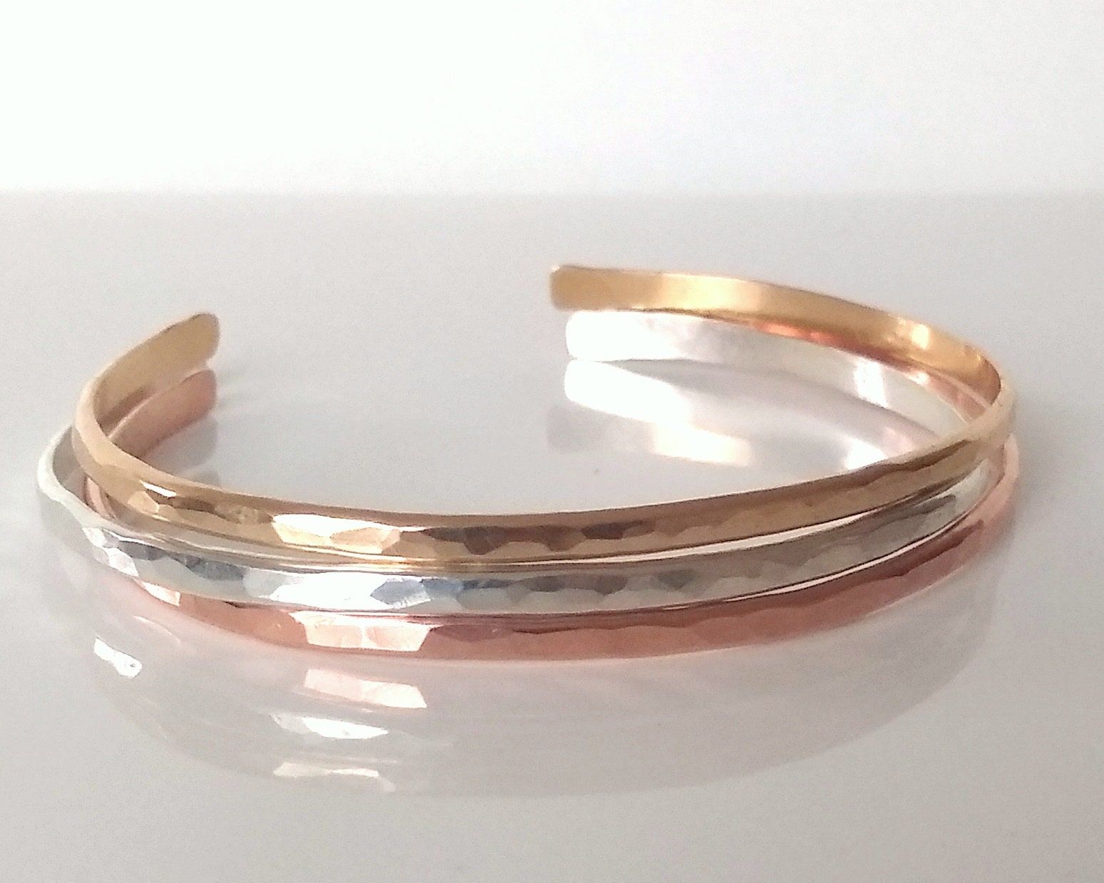 Mixed Metal Hammered Cuff Bracelet Set: Gold, Rose Gold, Sterling ...