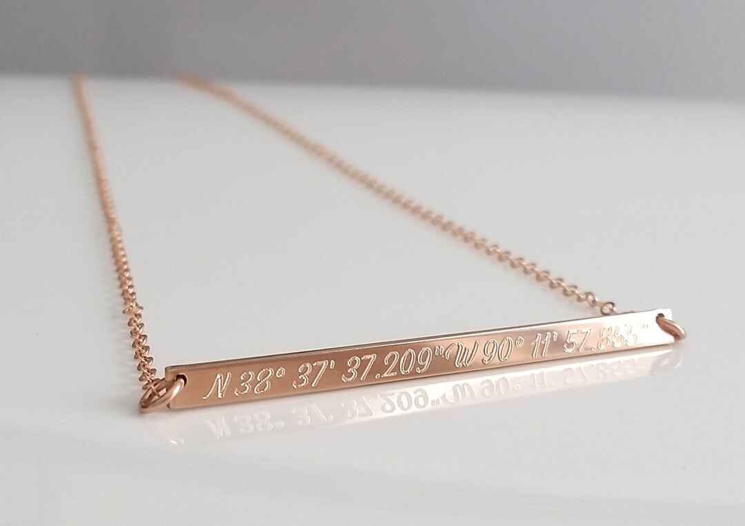 Rose Gold Coordinate Bar Necklace: Custom Engraved GPS Location - Etsy