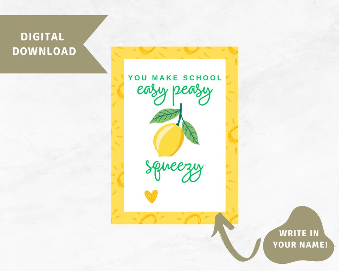 Easy Peasy Lemon Squeeze Gift Tag, Teacher Appreciation Gift Tag, Lemon ...