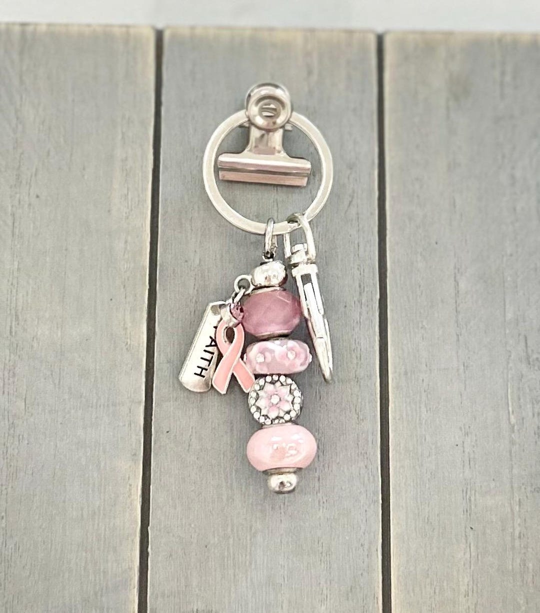 Breast Cancer Keychain, Pink Ribbon Awareness, European Charm Beads ...