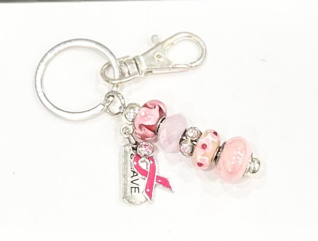 Pink Ribbon Keychain, Breast Cancer Awareness, European Beads, Charity ...