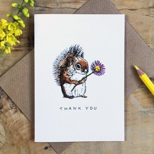 Squirrel With a Flower Thank You Card - Etsy