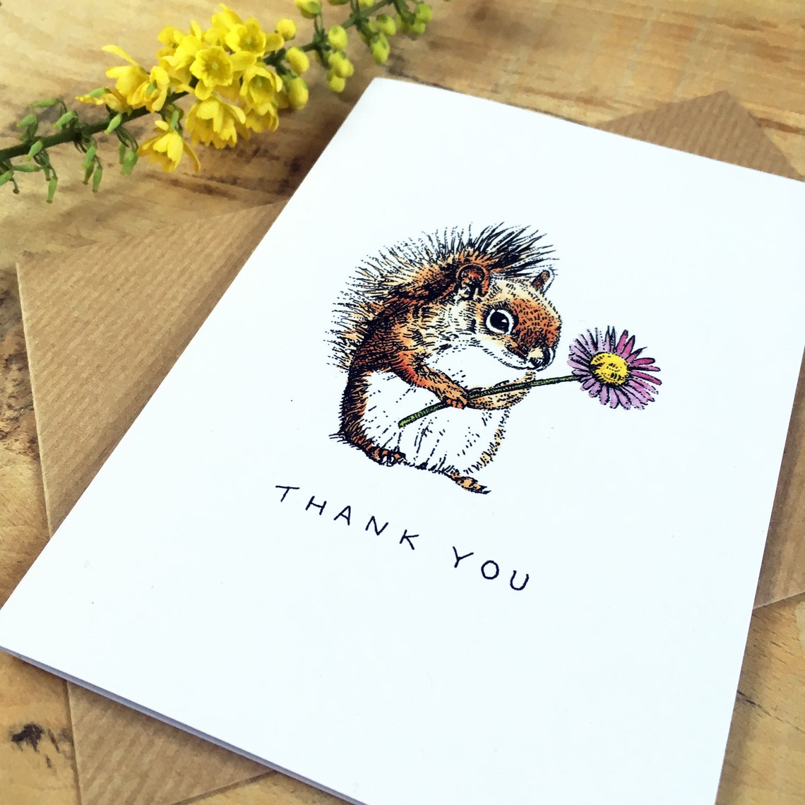 Squirrel With a Flower Thank You Card - Etsy