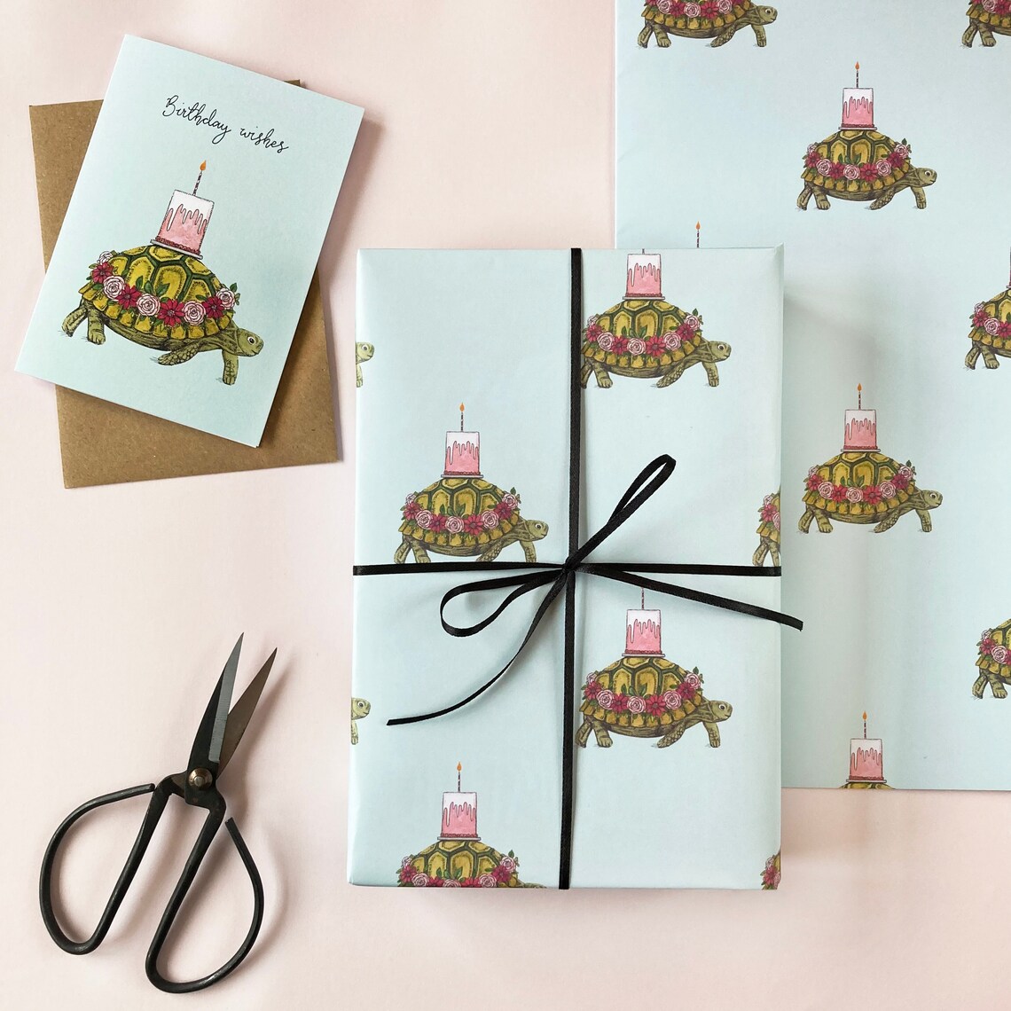 Tortoise With a Cake Birthday Wrapping Paper | Etsy