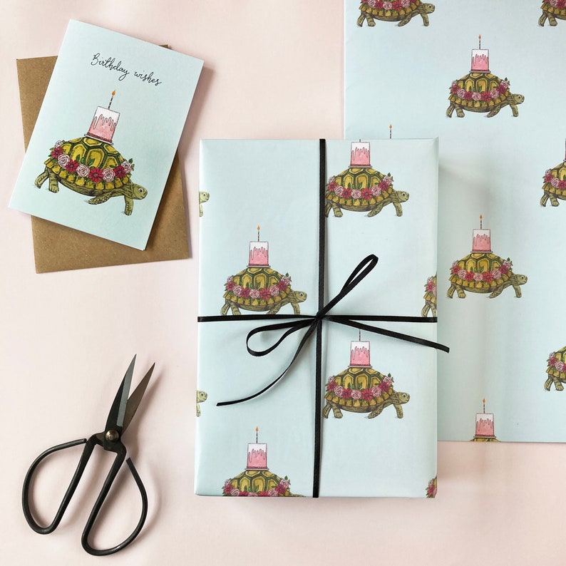 Tortoise With a Cake Birthday Wrapping Paper | Animal Gift Wrap - Etsy
