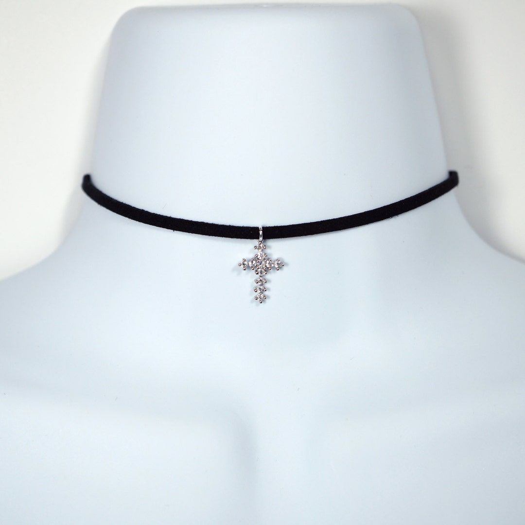 Sterling Silver CZ Cross Choker on Suede - Etsy