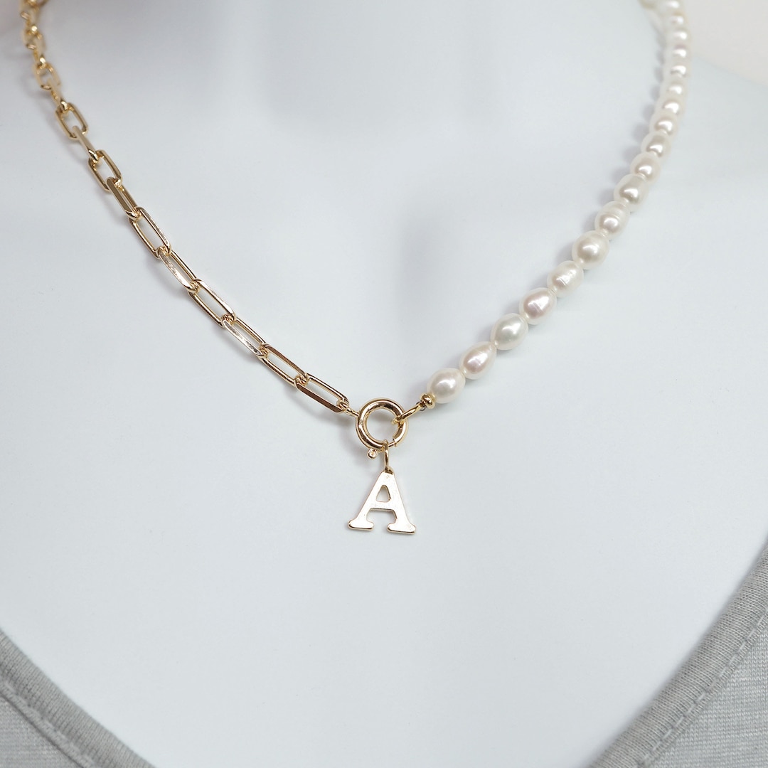 Half Pearl Half Paperclip Necklace With Initial - Etsy