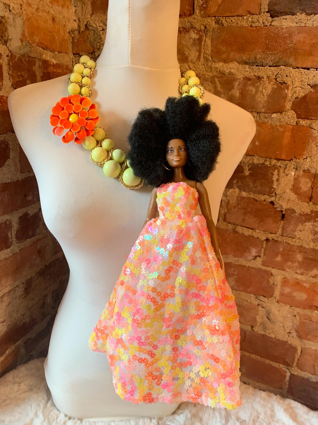 African American Princess Barbie Doll in Sequin Gown Statement Necklace ...