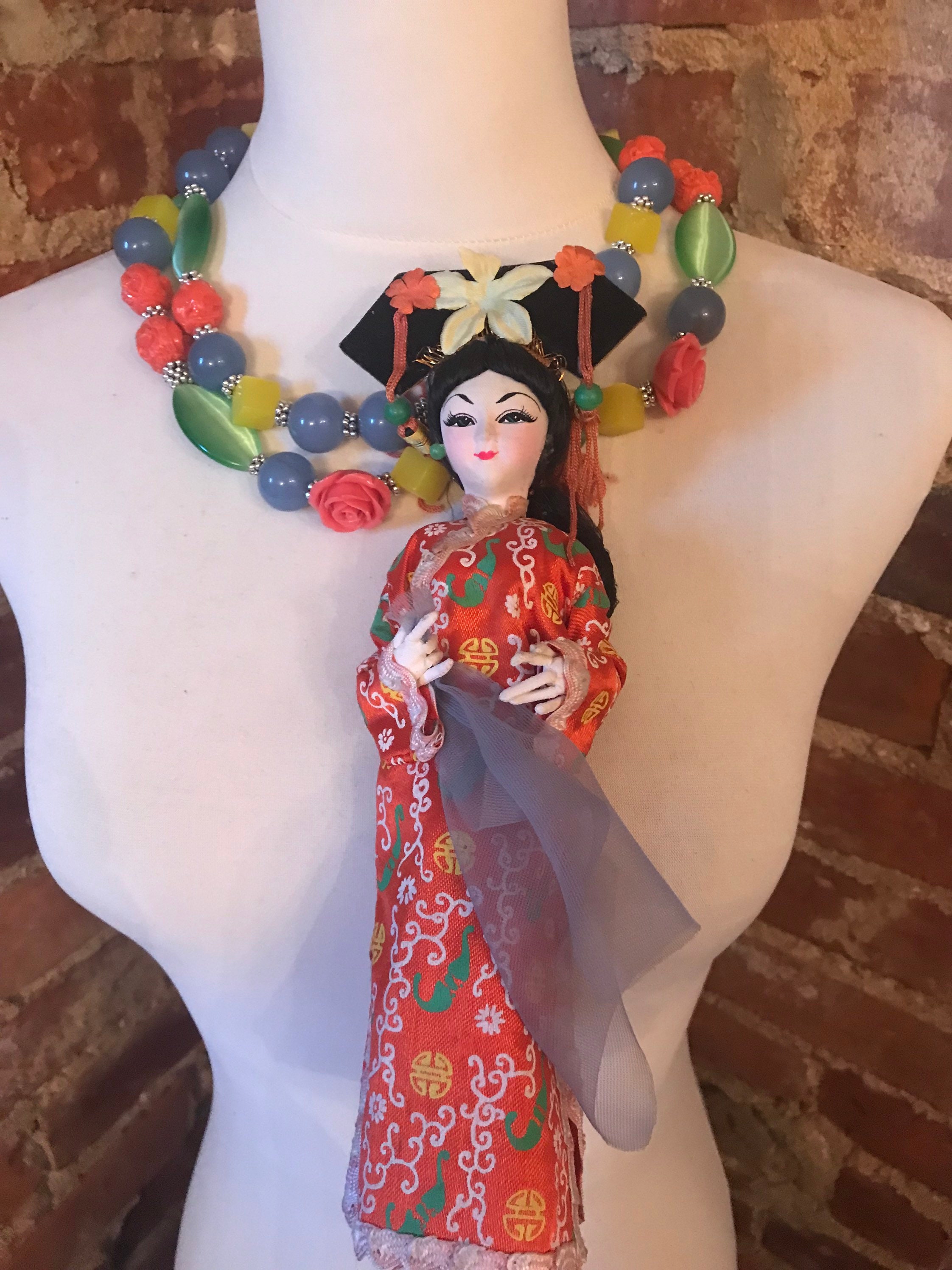 Asian Themed Double Strand Geisha Statement Necklace With Upcycled ...