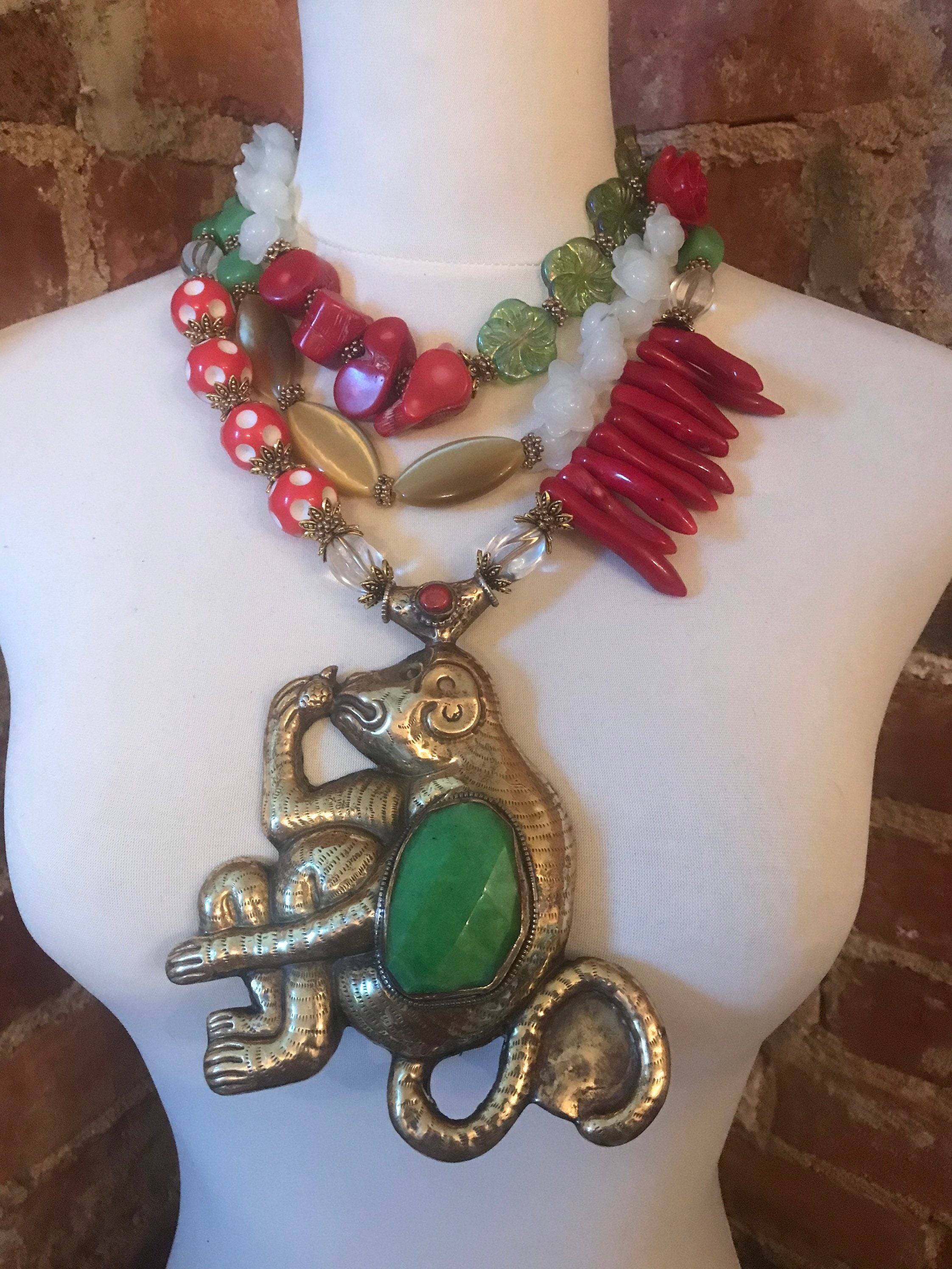 Talisman Red Coral and Green Jade Monkey Pendant Statement Necklace - Etsy