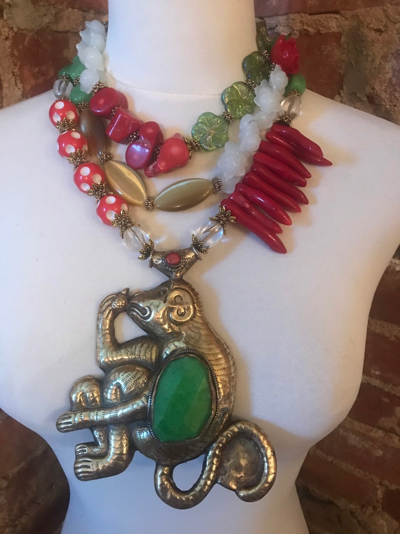 Talisman Red Coral and Green Jade Monkey Pendant Statement Necklace - Etsy