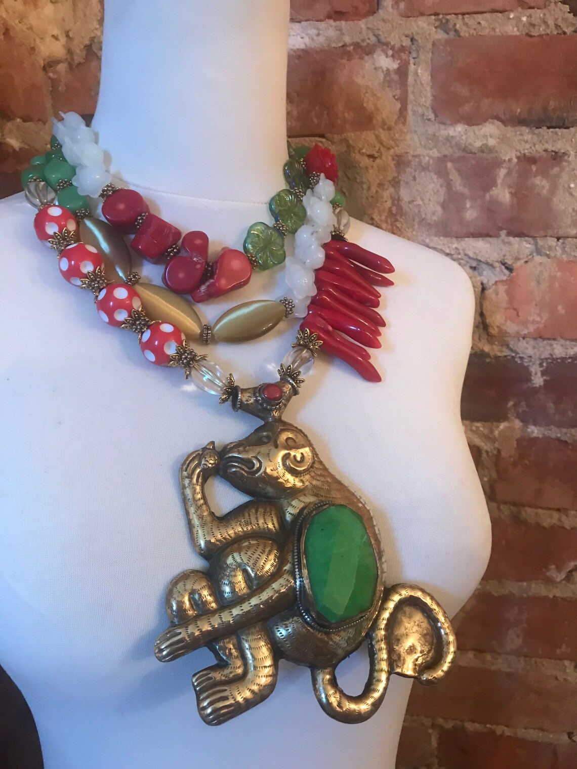 Talisman Red Coral and Green Jade Monkey Pendant Statement Necklace - Etsy