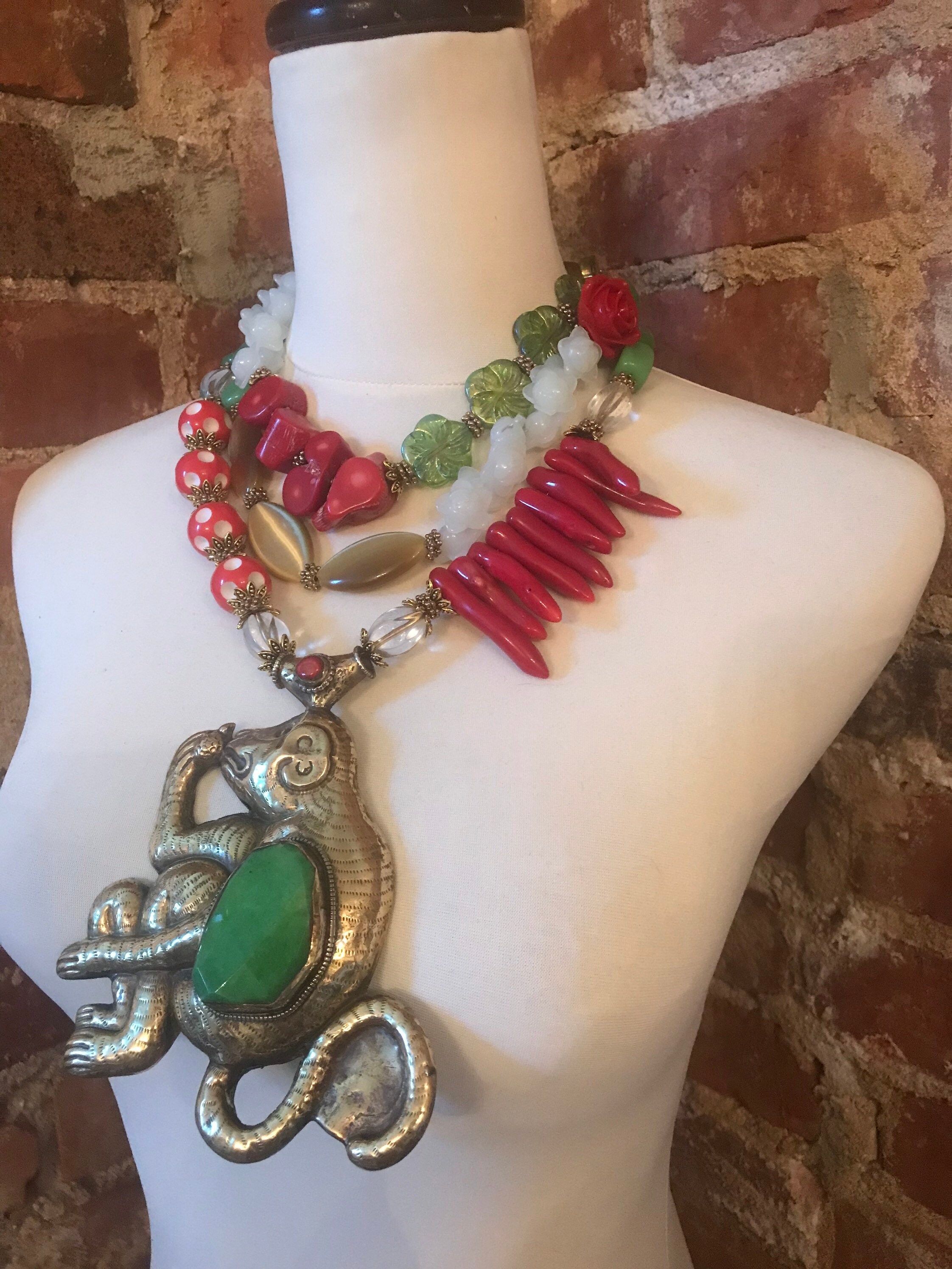 Talisman Red Coral and Green Jade Monkey Pendant Statement Necklace - Etsy