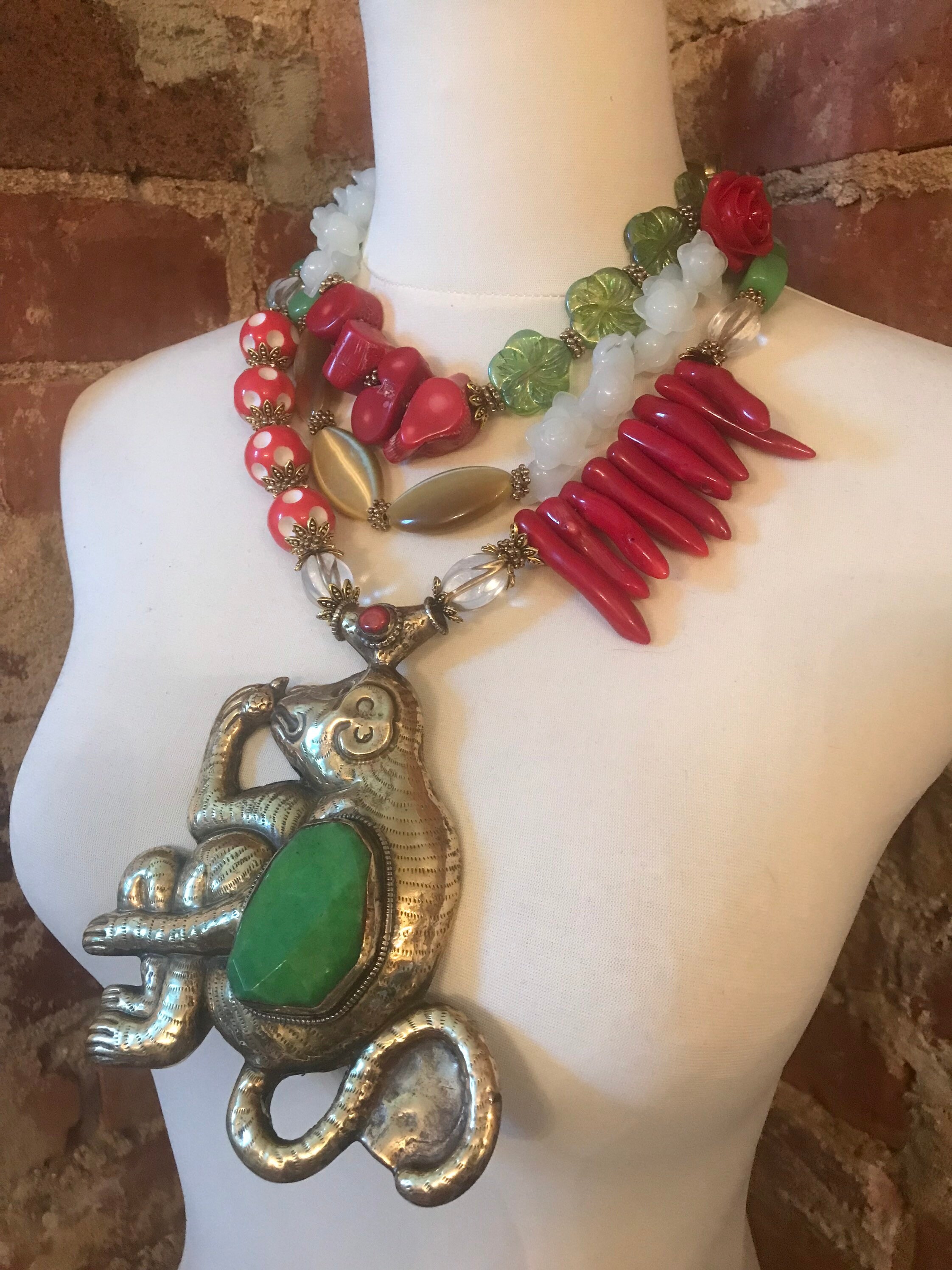 Talisman Red Coral and Green Jade Monkey Pendant Statement Necklace - Etsy