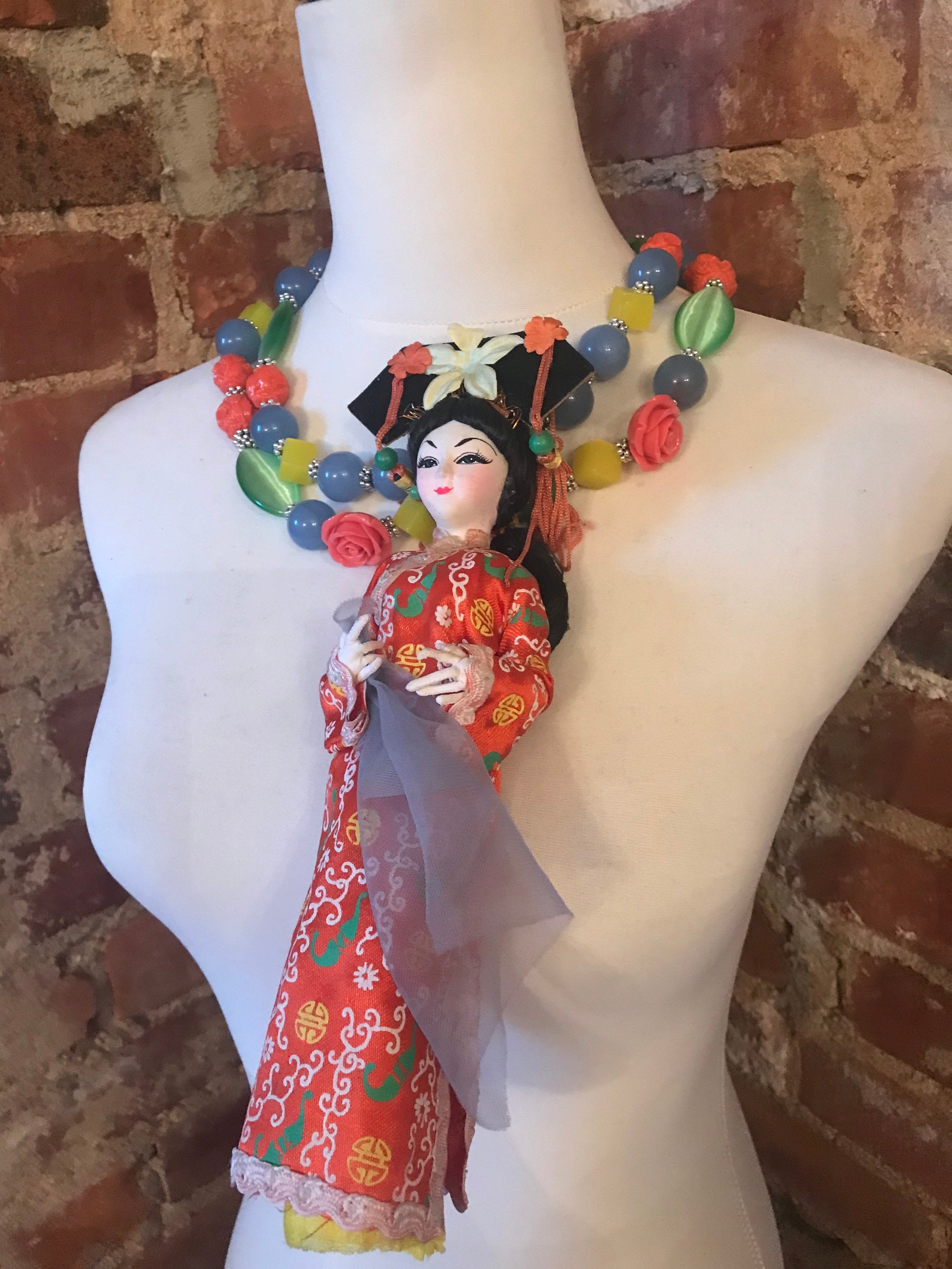 Asian Themed Double Strand Geisha Statement Necklace With Upcycled ...