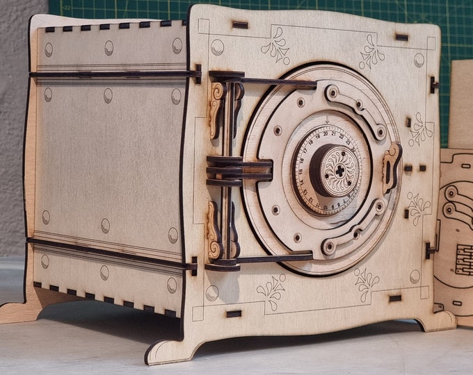 Wooden Safe, STEM Project Laser-cut Toy Detective Game DIY Piggy Bank ...