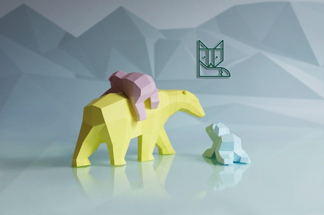 Paperwolf Polar Bear Family Papercraft Kit, Set With 3 Bears, Polygonal ...
