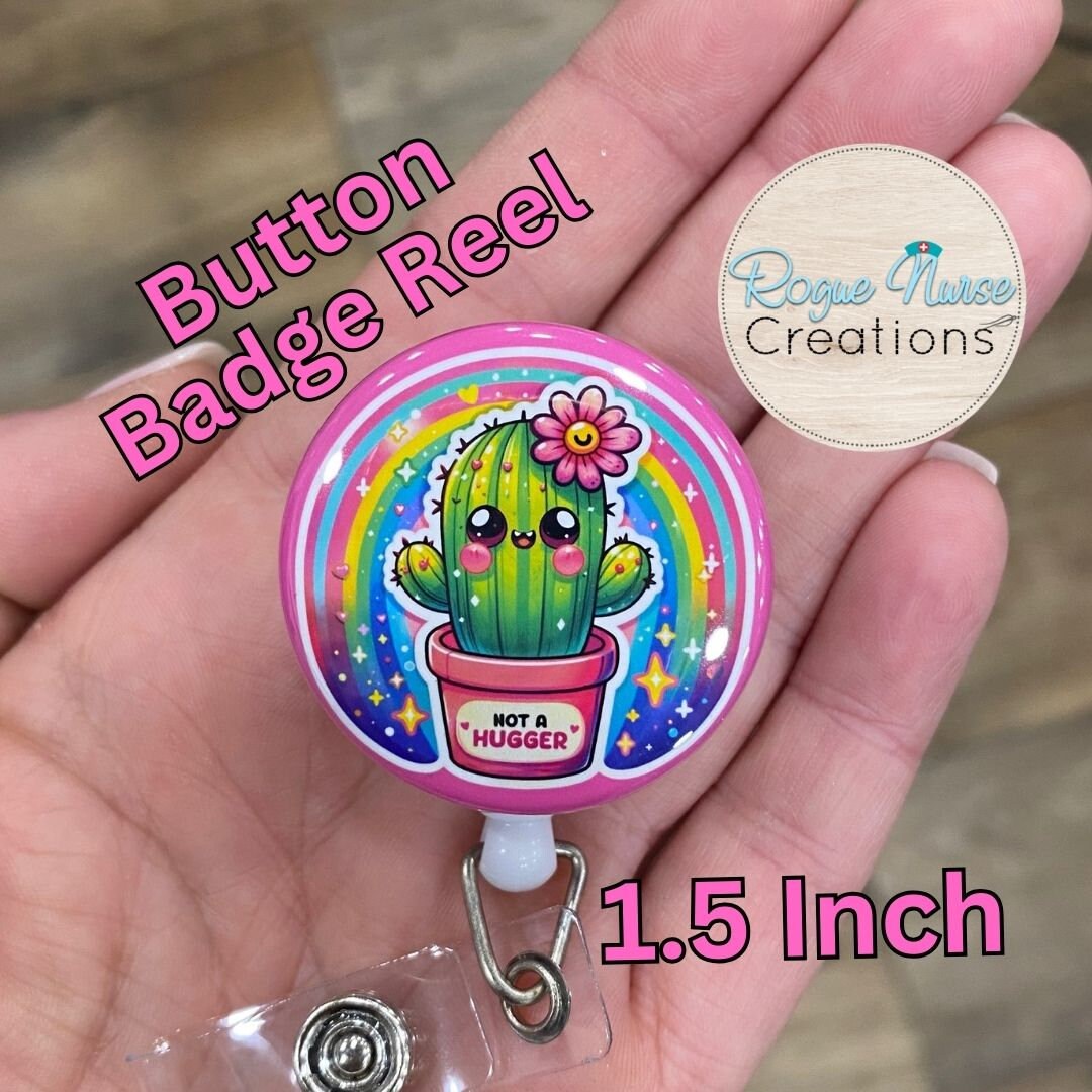 Not A Hugger, Cute Cactus Button Style Retractable Badge Reel, Cactus ...