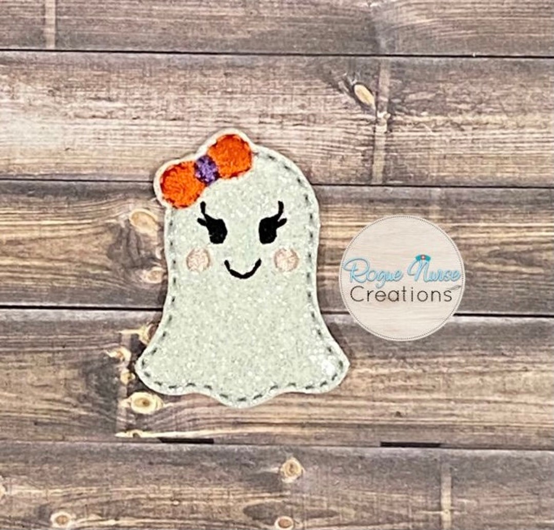 Silver Glitter Embroidered Ghost With an Orange and Purple Bow ...