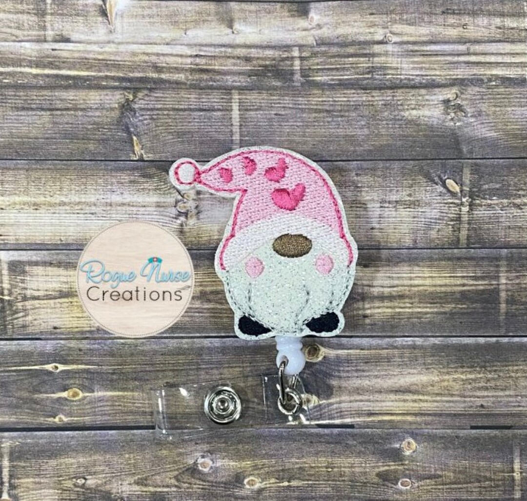 Valentines Day Glitter Embroidered Gnome Retractable Badge Reel, White ...