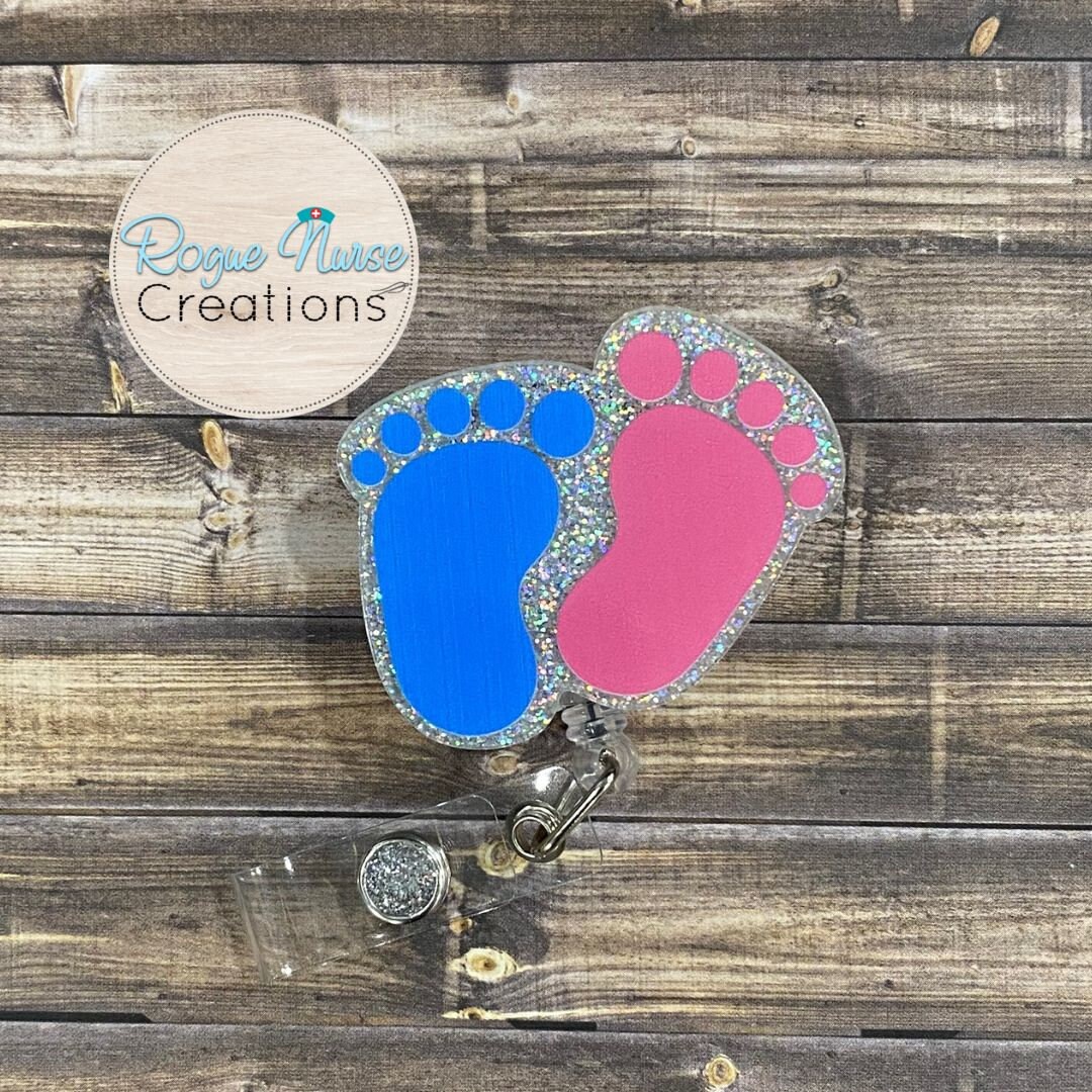Pink and Blue Baby Feet Acrylic/epoxy Retractable Badge Reel, Silver ...