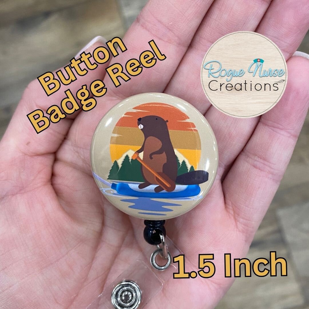 Beaver Paddling on A Cooter Canoe BUTTON Style Retractable Badge Reel ...
