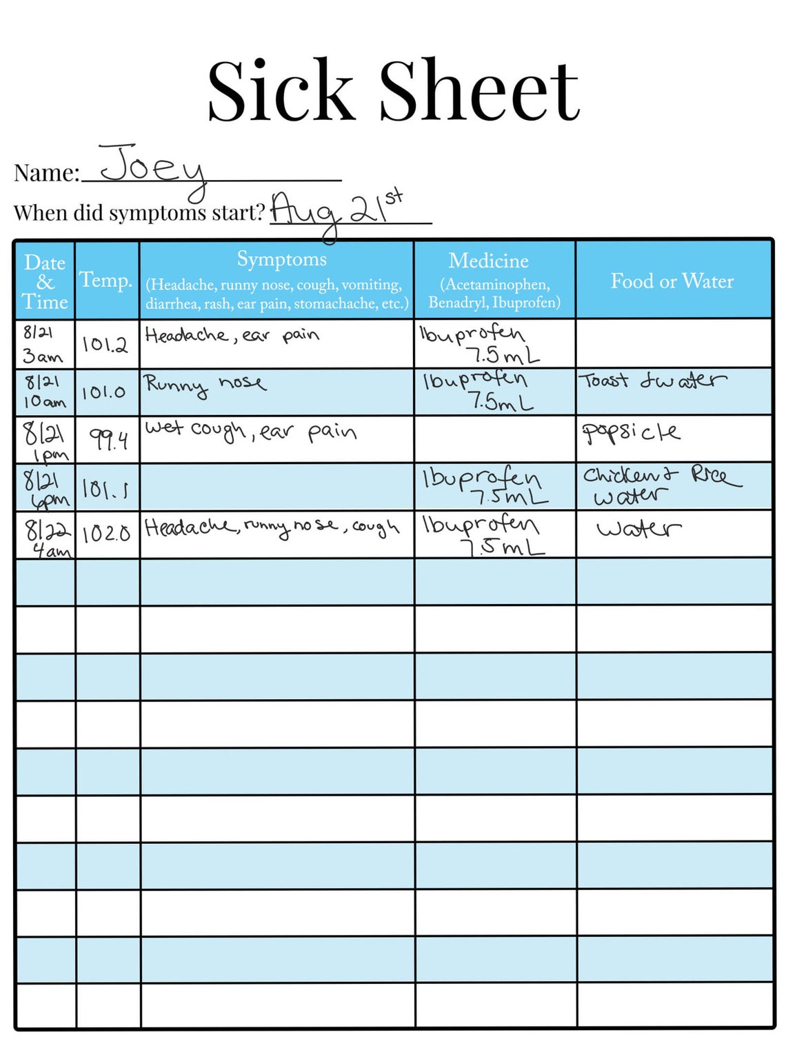 Sickness Tracking Chart - Digital .PDF File - Etsy