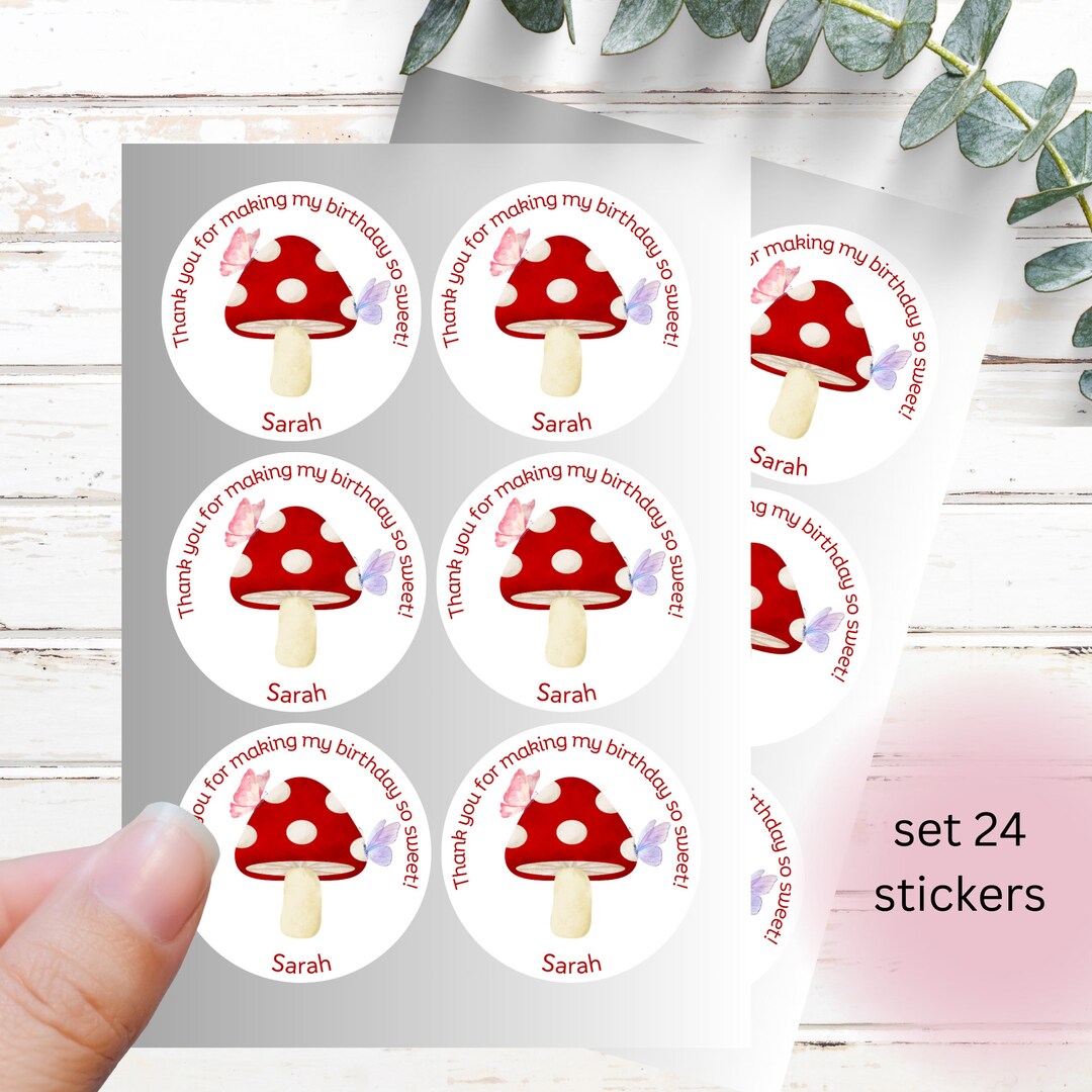 Set of 24 Mushroom Custom Labels, Red Toadstool Personalized Treat Bag ...