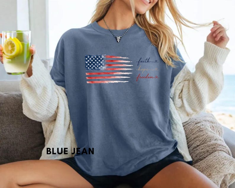 Comfort Colors Faith Hope Freedom USA Flag Shirt, Patriotic Graphic Tee ...
