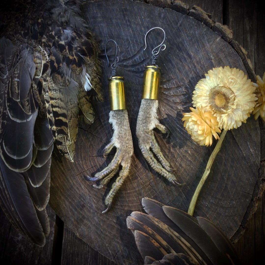 Baba Yaga Grouse Feet Statement Earrings, Beaded Chain, Bullet Casings ...