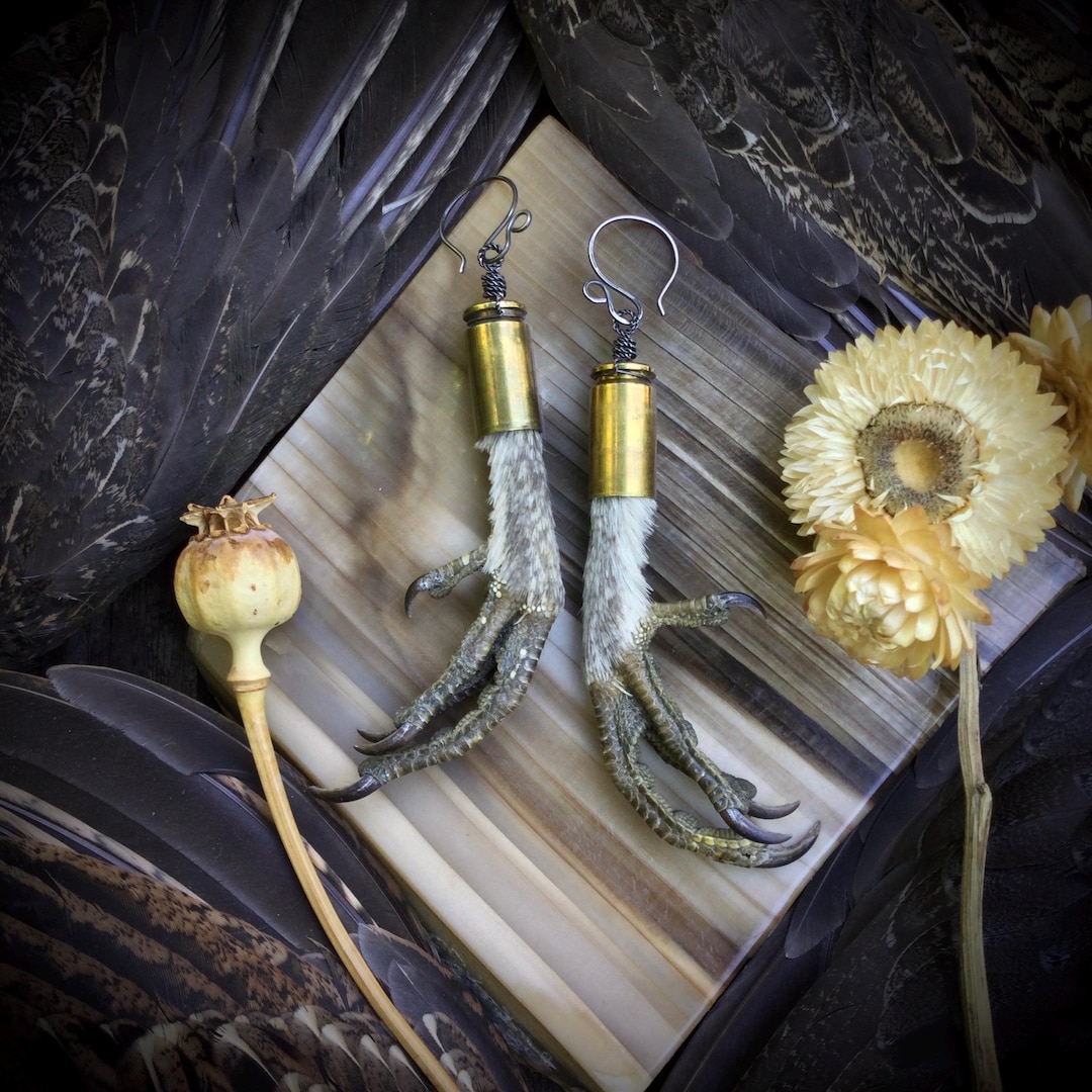 Baba Yaga Grouse Feet Statement Earrings, Beaded Chain, Bullet Casings ...