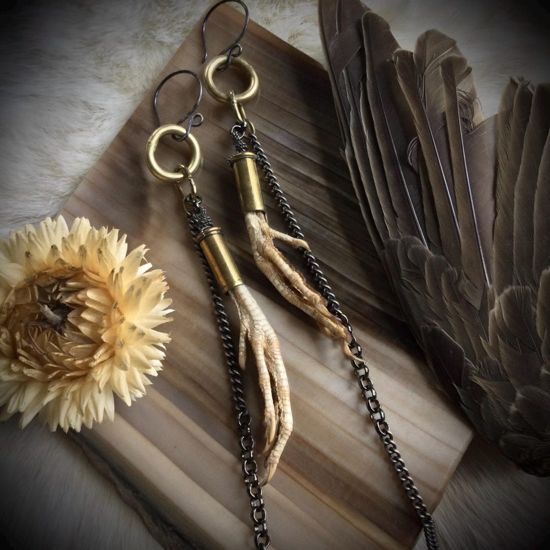Baba Yaga Hen Foot Earrings With Brass Chains, Feral, Taxidermy, All ...