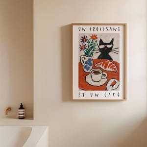 Un Cafe Croissant Cat Print Retro Bistro Coffee Un Cafe Sil Vous Plait ...