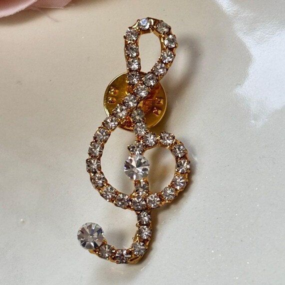 Rhinestone Treble Clef Music Gold Pin - Gem