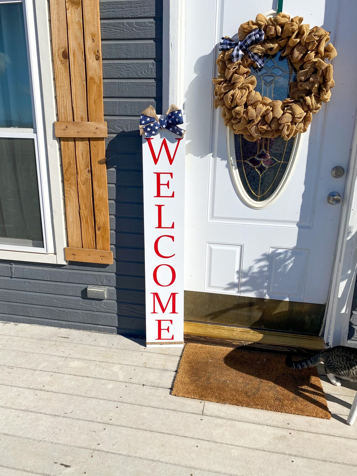 Patriotic Welcome Door Sign With Burlap and Stars Bow / Tall - Etsy