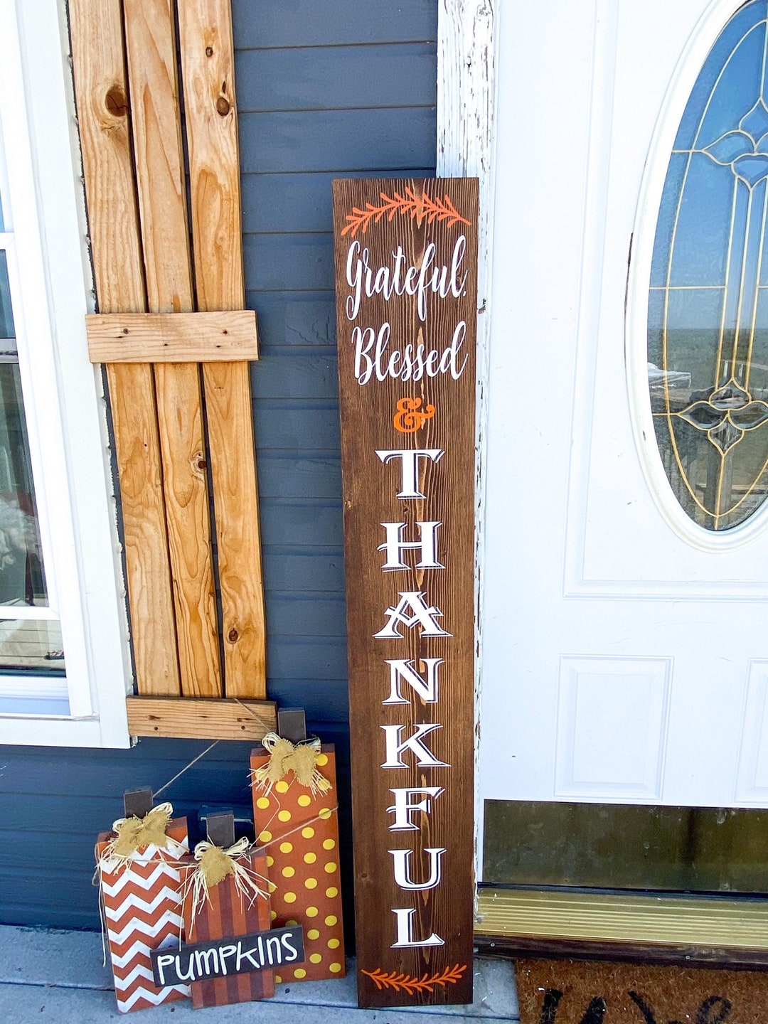 Thanksgiving Front Door Sign / Grateful, Blessed & Thankful Wooden Sign ...