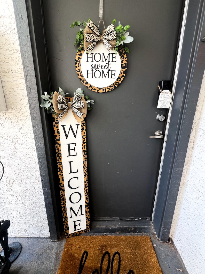 Leopard Print Welcome Sign Set: Home Sweet Home Porch Leaner & Door ...