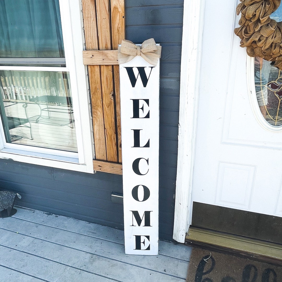 Welcome Rustic Front Door Porch Sign / White Welcome Sign With Bow ...