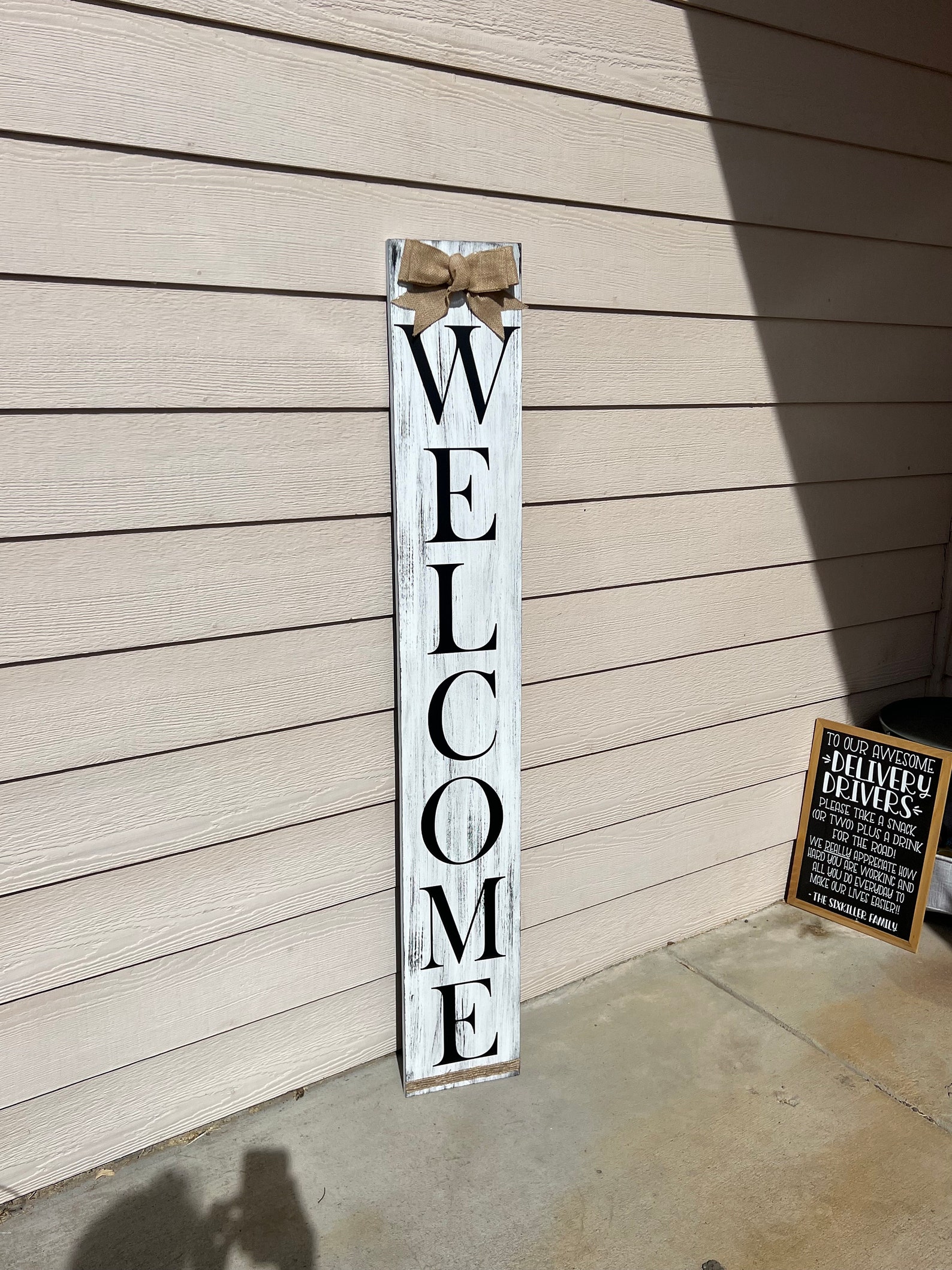 Rustic White Welcome Door Sign: Tall Wooden Porch Leaner With Burlap ...