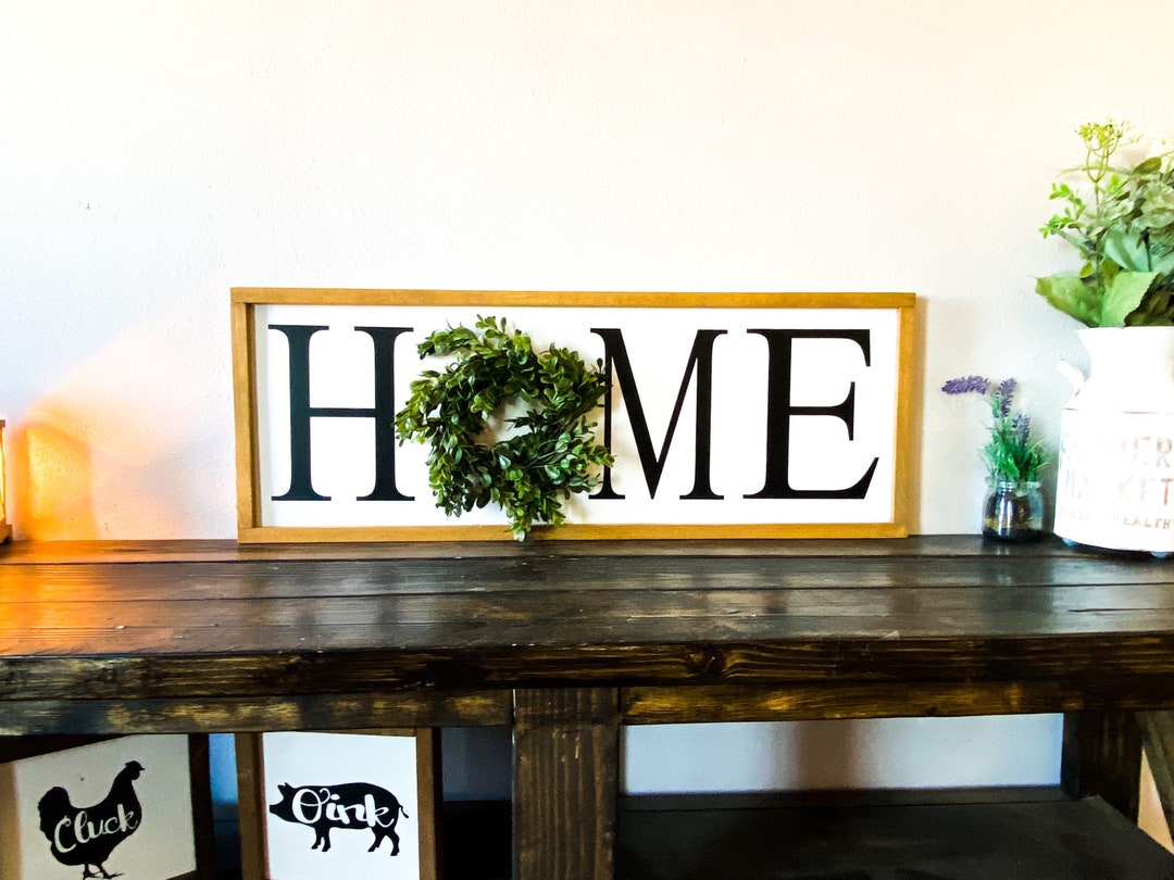Home Framed Wooden Sign / Large Home Sign With Wreath / Farmhouse Frame ...