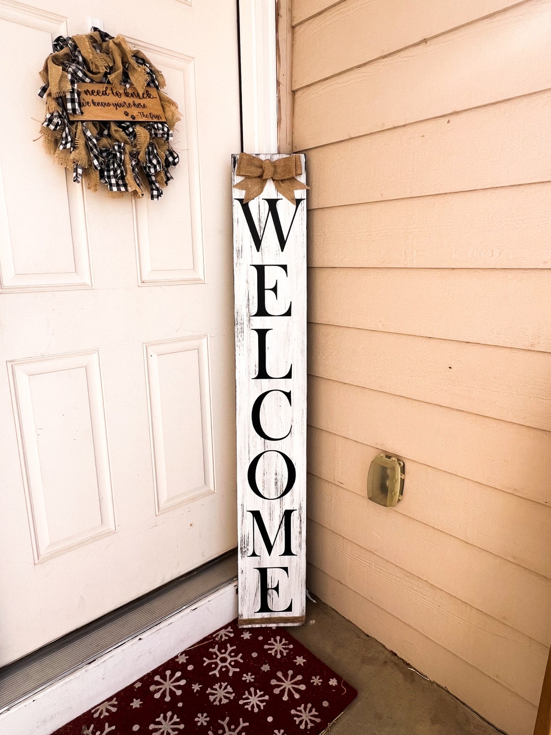 Rustic White Welcome Door Sign: Tall Wooden Porch Leaner With Burlap ...