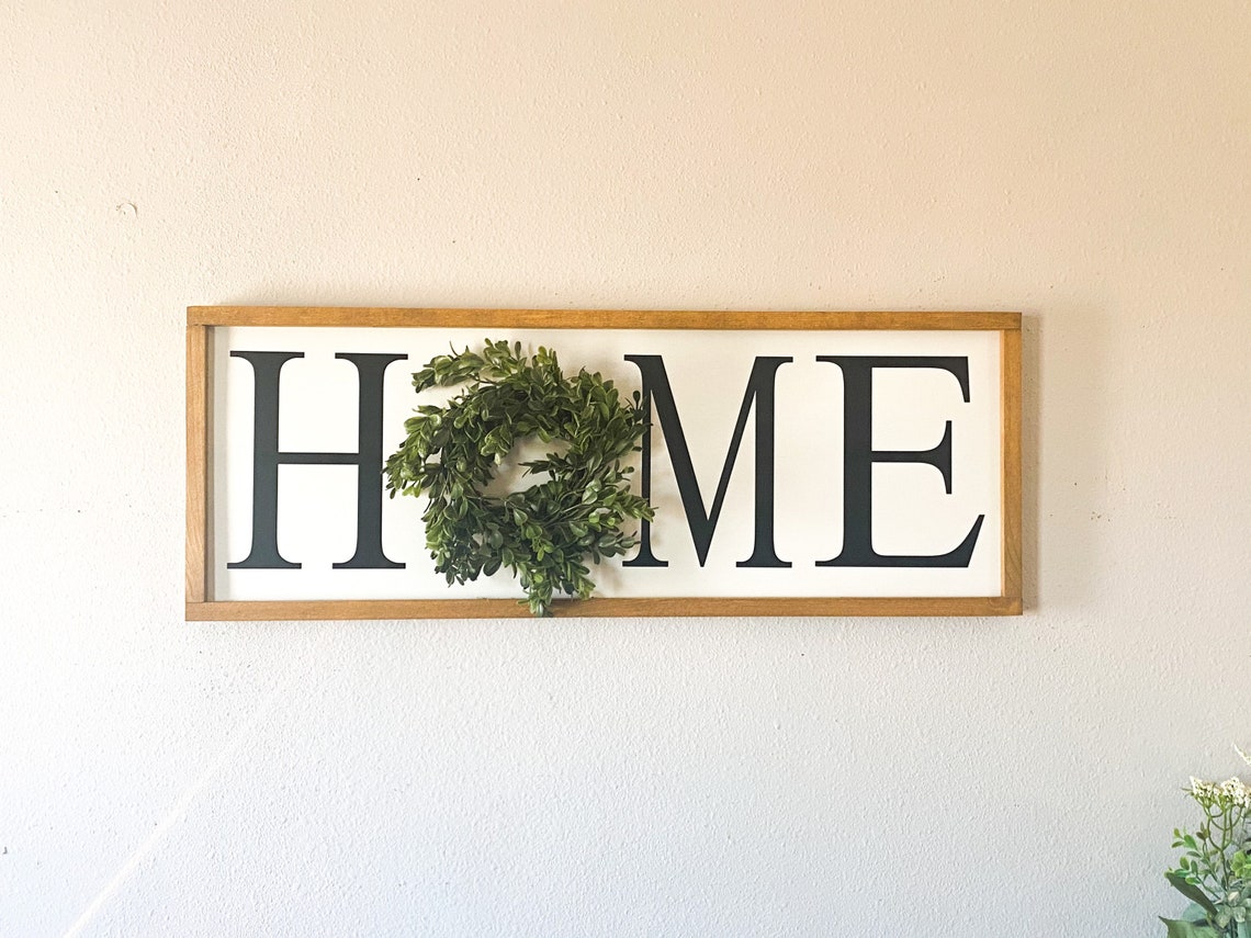 Home Framed Wooden Sign / Large Home Sign With Wreath / Farmhouse Frame ...