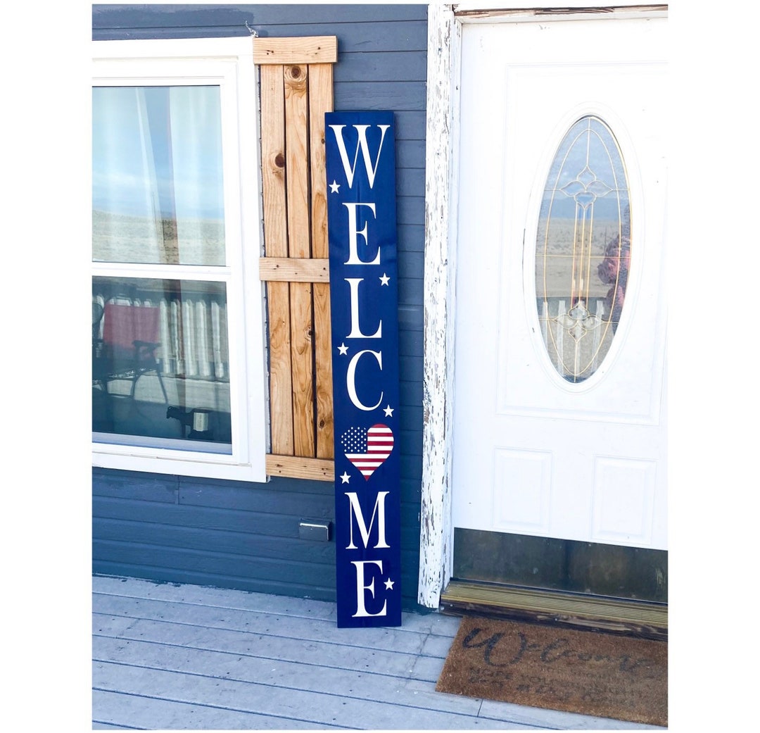 Tall Patriotic Welcome Sign: American Flag Heart, Navy Blue Porch Decor ...