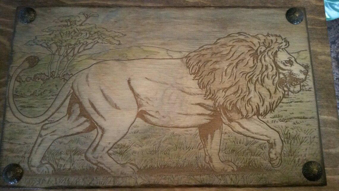 Wood Engraved Hand Painted Lion Wooden Keepsake Box Custom | Etsy