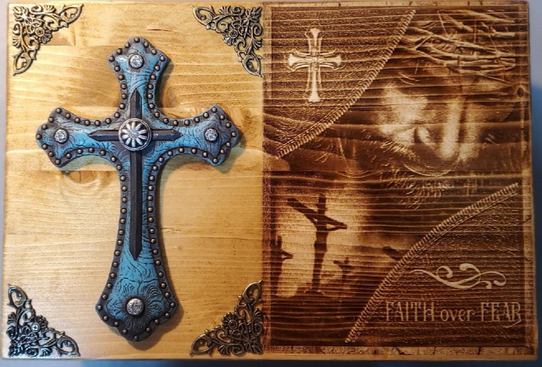 Faith Over Fear Engraved Jesus Handmade Wooden Bible Box With Blue ...
