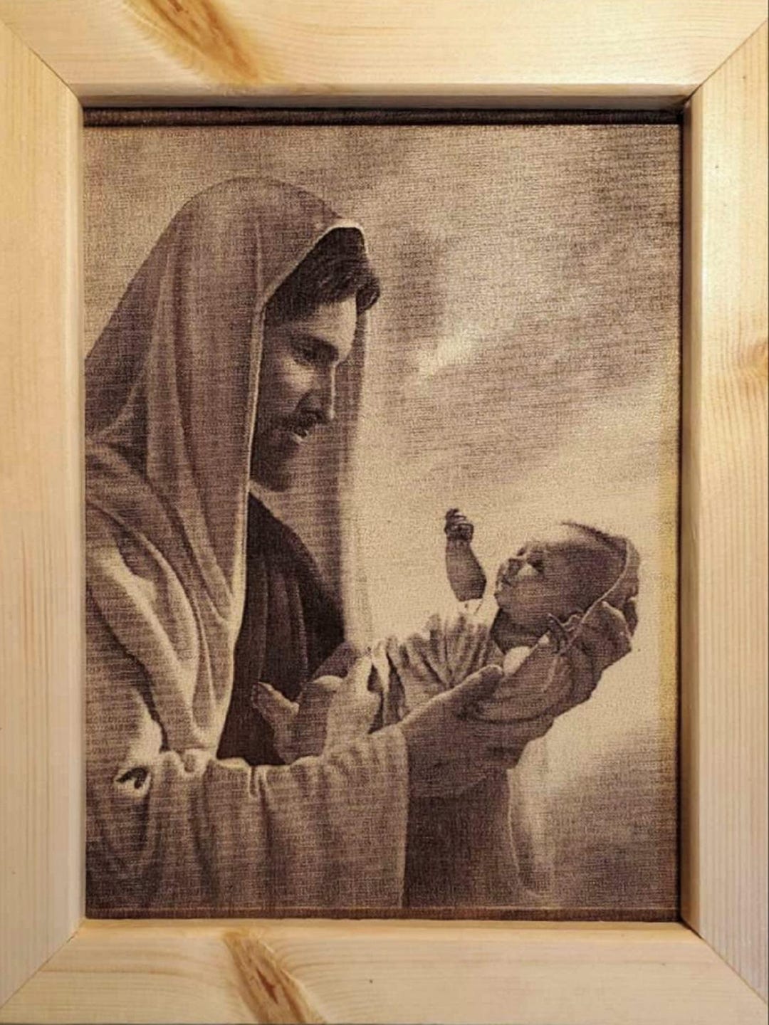 Jesus Watching Over Baby Engraved Framed Picture, Jesus Holding Baby ...