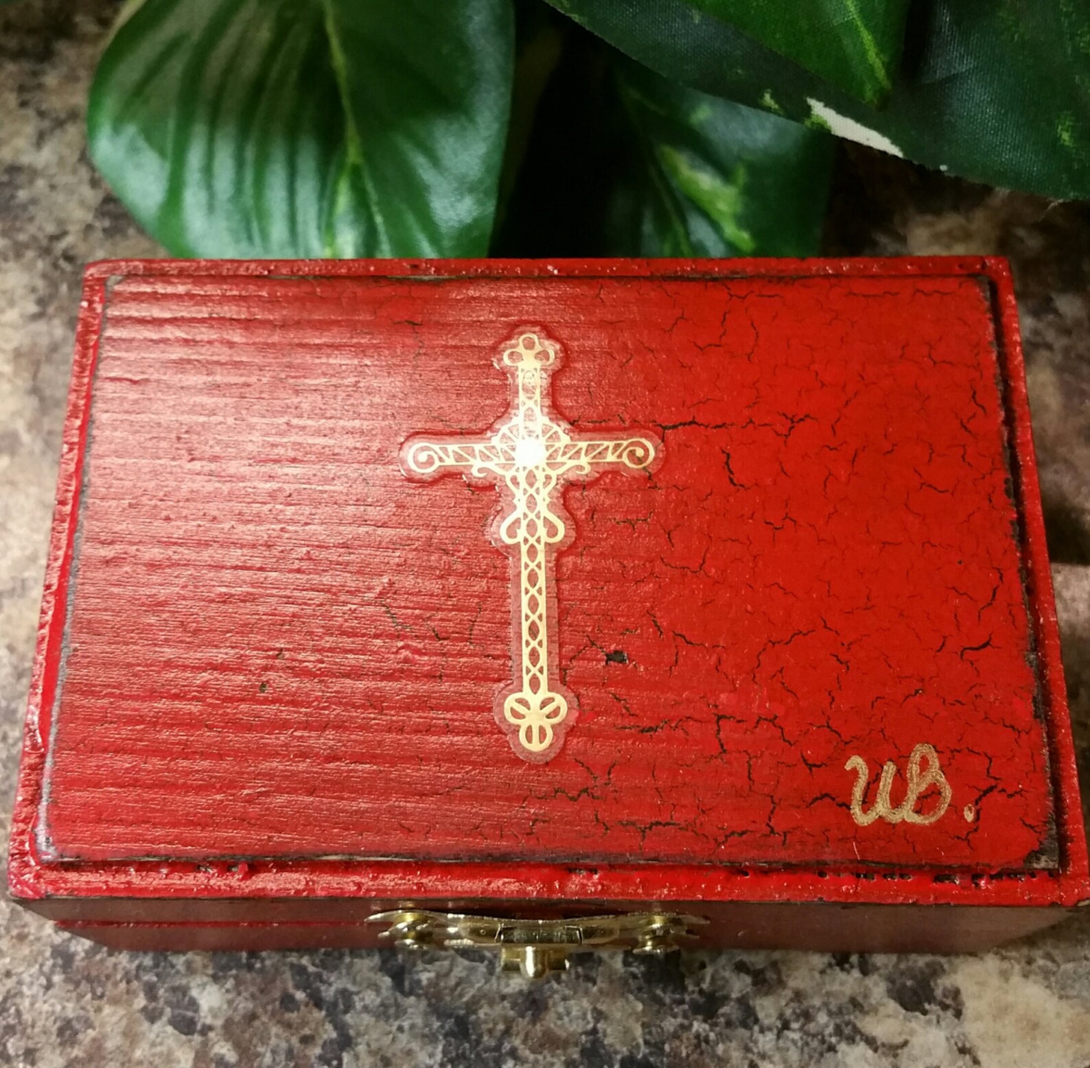 Hand Crafted Wooden Small Box Red Distressed Cross, Prayer Beads ...