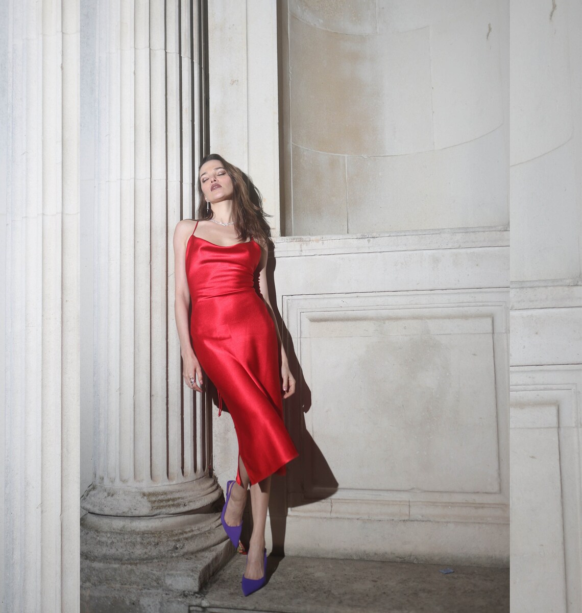 Leiva Lux Red Silk Slip Dress With Cowl Neck Satin Midi Slip Dress Bias ...