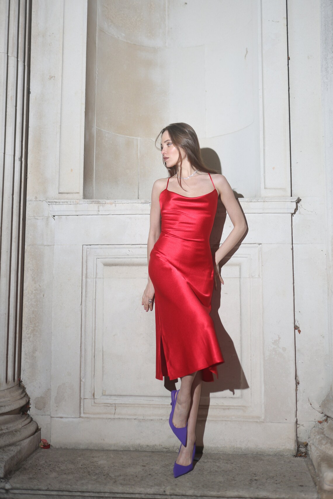 Leiva Lux Red Silk Slip Dress With Cowl Neck Satin Midi Slip Dress Bias ...